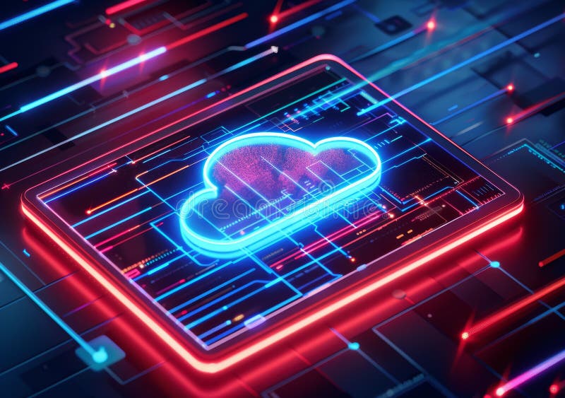 Futuristic Cloud Computing Concept with Neon Lights and Digital ...