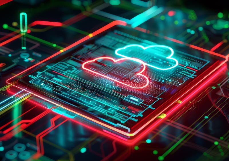 Futuristic Cloud Computing Concept with Neon Lights and Digital ...