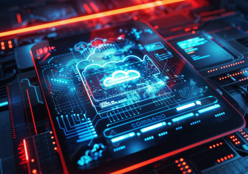 Futuristic Cloud Computing Concept with Neon Lights and Digital Interface for Modern Technology ...