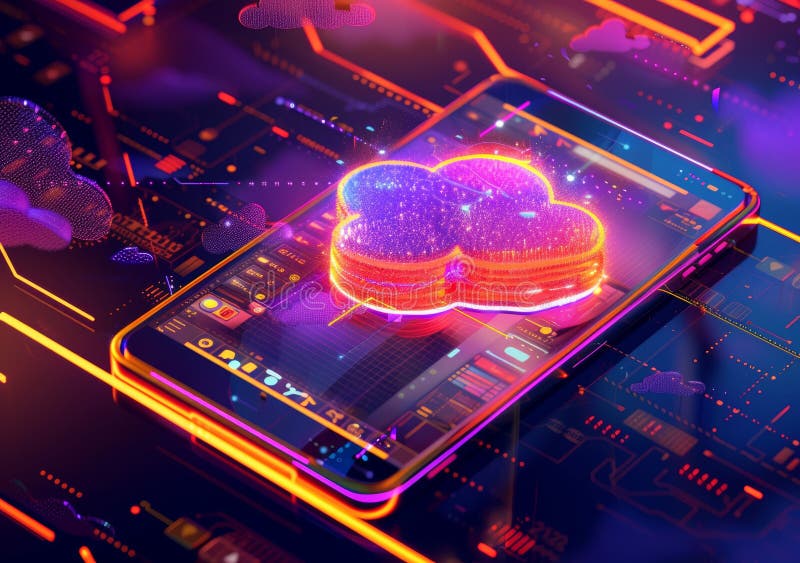 Futuristic Cloud Computing Concept with Neon Lights on Digital ...