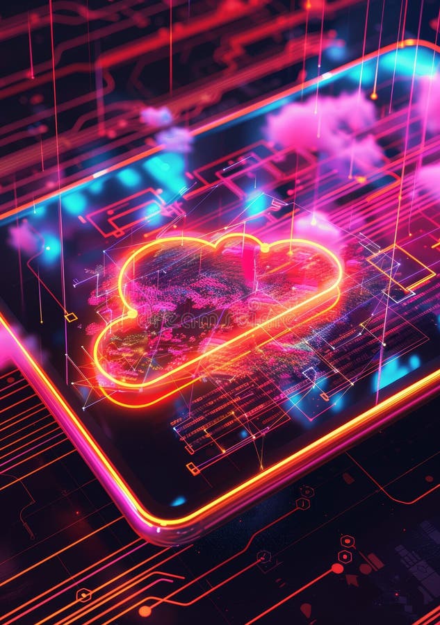 Futuristic Cloud Computing Concept with Neon Lights and Digital Interface on a Tablet Device ...
