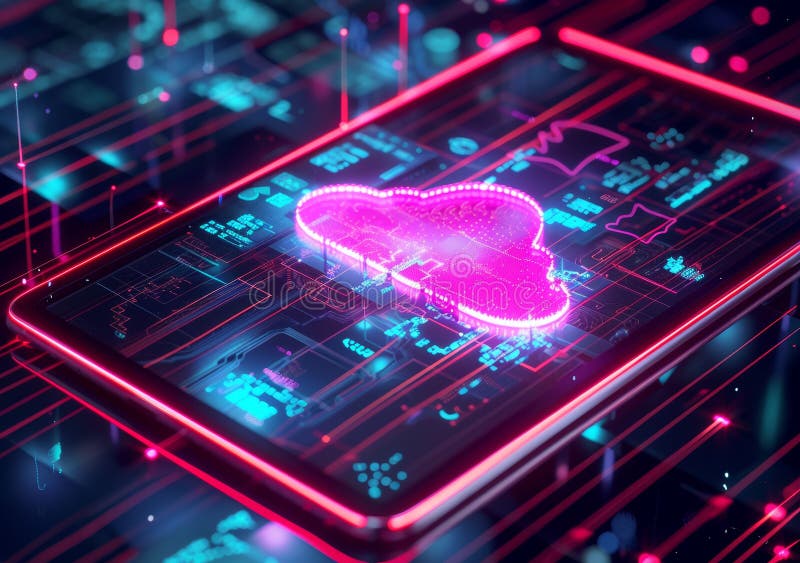 Futuristic Cloud Computing Concept with Neon Lights and Digital Interface on a Tablet Stock ...