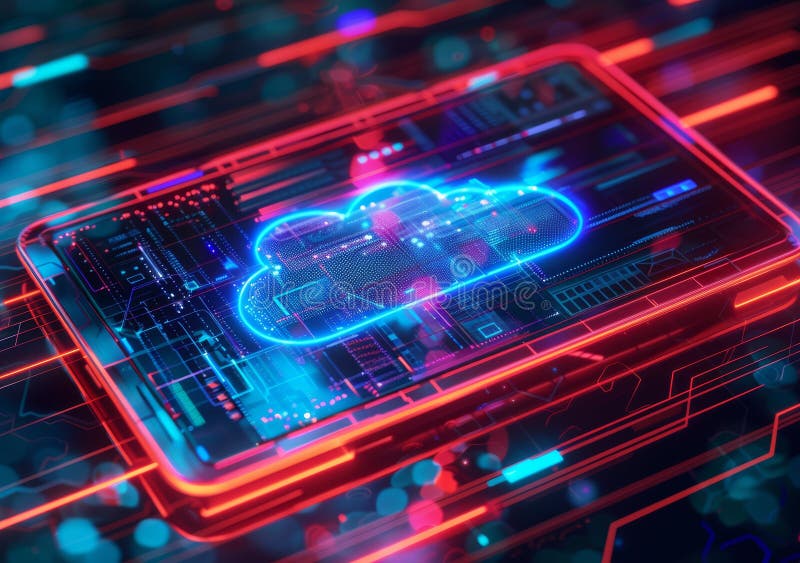 Futuristic Cloud Computing Concept with Neon Lights and Digital Interface on a Tablet Stock ...