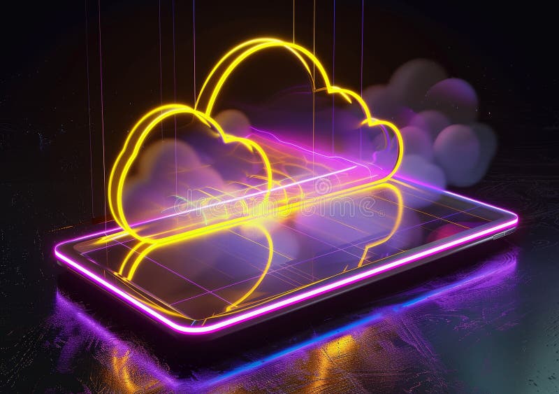 Futuristic Cloud Computing Concept with Neon Lights on Digital Tablet Glowing Technology ...