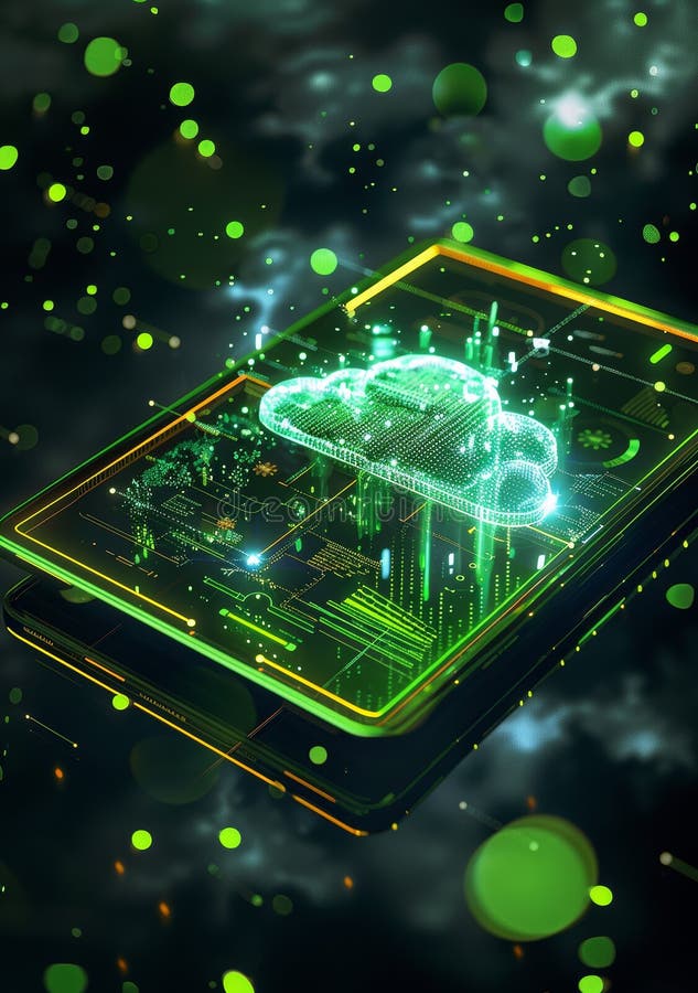 Futuristic Cloud Computing Concept with Neon Lights on Digital Tablet ...