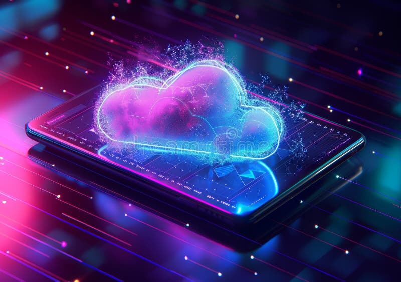 Futuristic Cloud Computing Concept with Neon Lights on Digital Tablet Modern Technology and ...