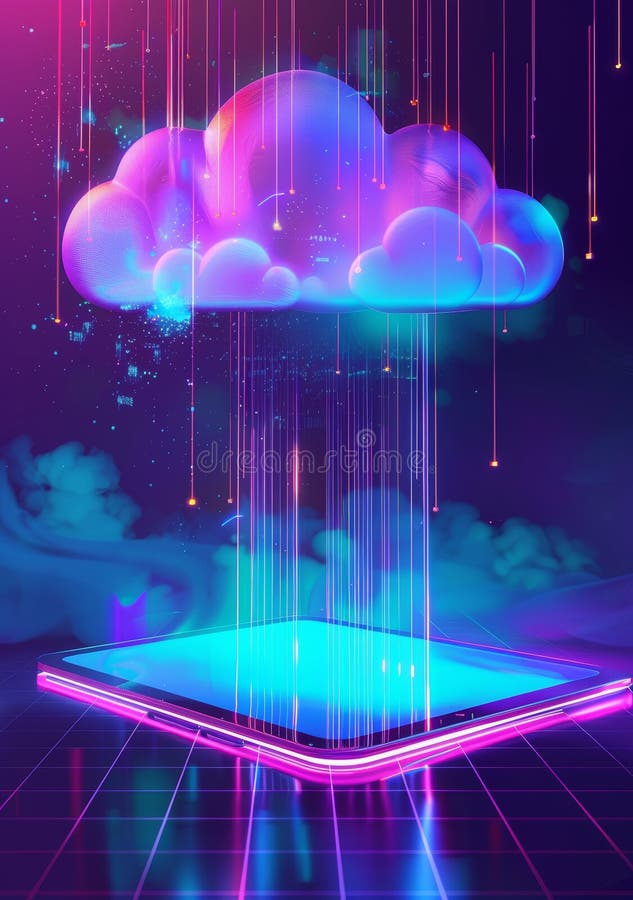 Futuristic Cloud Computing Concept with Neon Lights and Digital Tablet in a Vibrant Cyberpunk ...