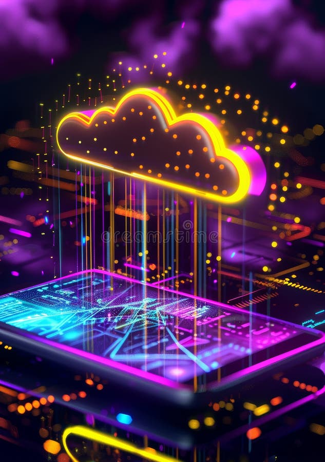 Futuristic Cloud Computing Concept with Neon Lights and Digital ...