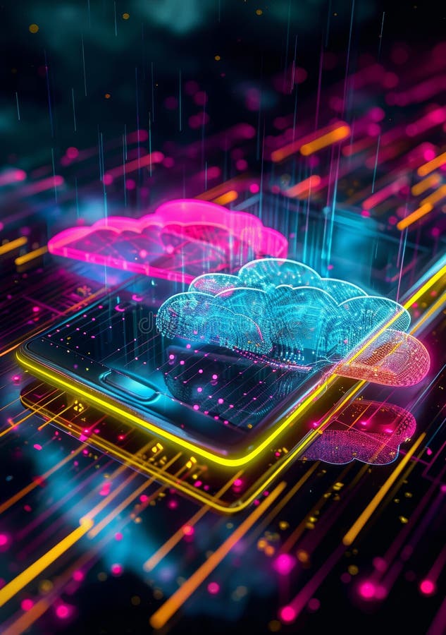 Futuristic Cloud Computing Concept with Neon Lights and Digital ...