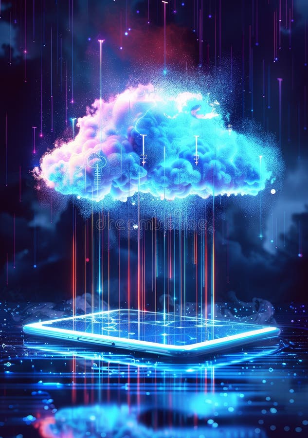 Futuristic Cloud Computing Concept with Neon Lights and Digital Technology Elements in a Vibrant ...