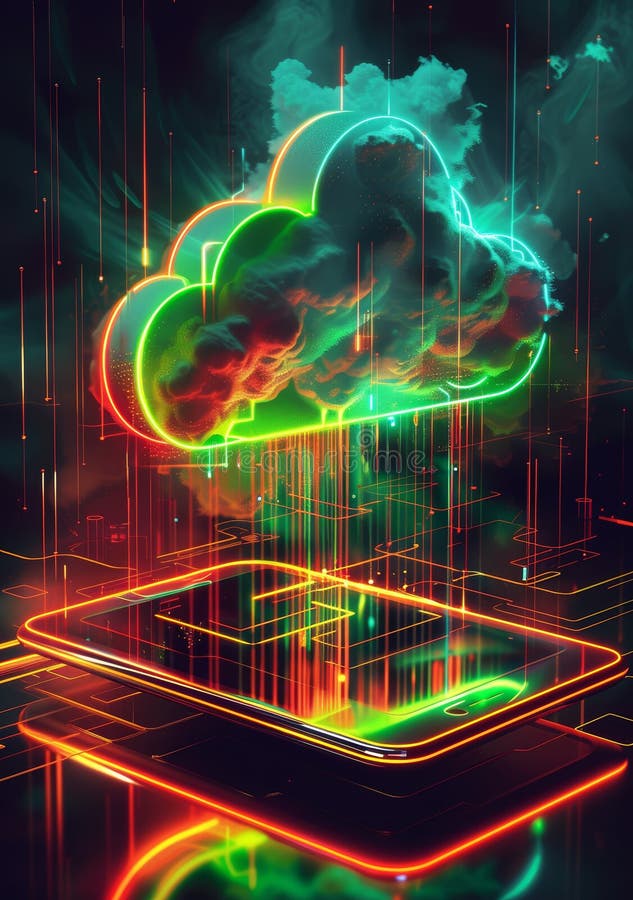 Futuristic Cloud Computing Concept with Neon Lights and Digital ...