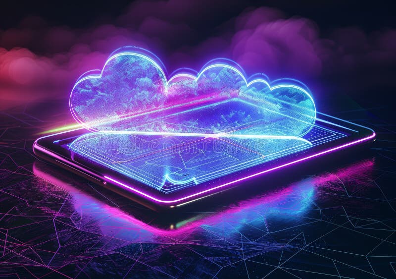 Futuristic Cloud Computing Concept with Neon Lights Digital Technology ...
