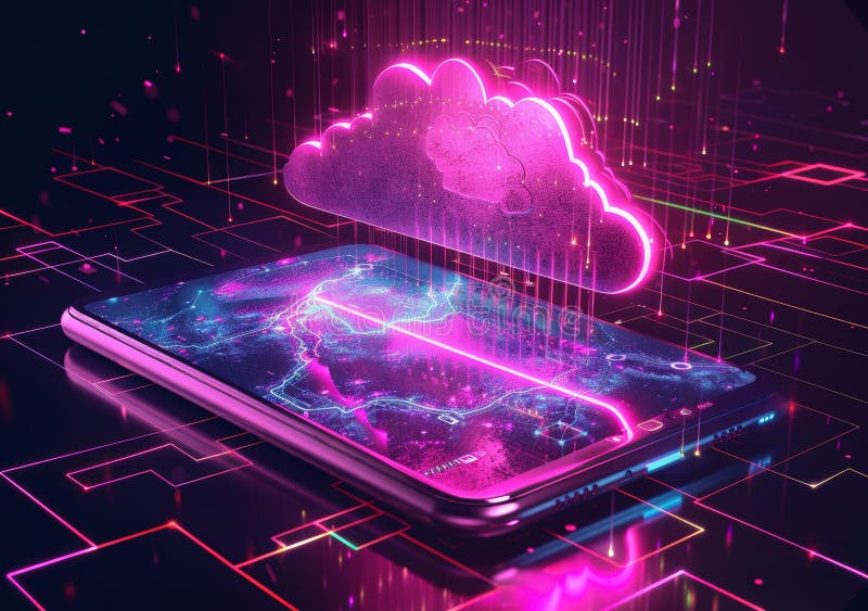 Futuristic Cloud Computing Concept with Neon Lights and Digital ...