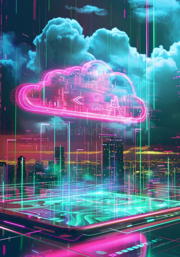 Futuristic Cloud Computing Concept with Neon Lights Over a Digital ...
