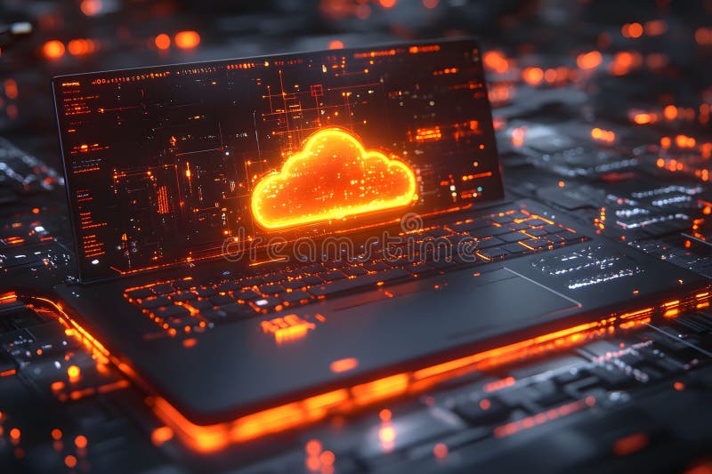 Futuristic Cloud Computing Concept on Neon-Lit Laptop in Digital Network Environment Generative ...