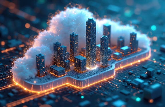 Futuristic Cloud Computing Concept. Skyscrapers in Cloud Represent Data ...