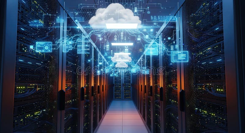 Futuristic Cloud Computing Data Center with AI, Cybersecurity, and Big Data Visualization Cloud ...