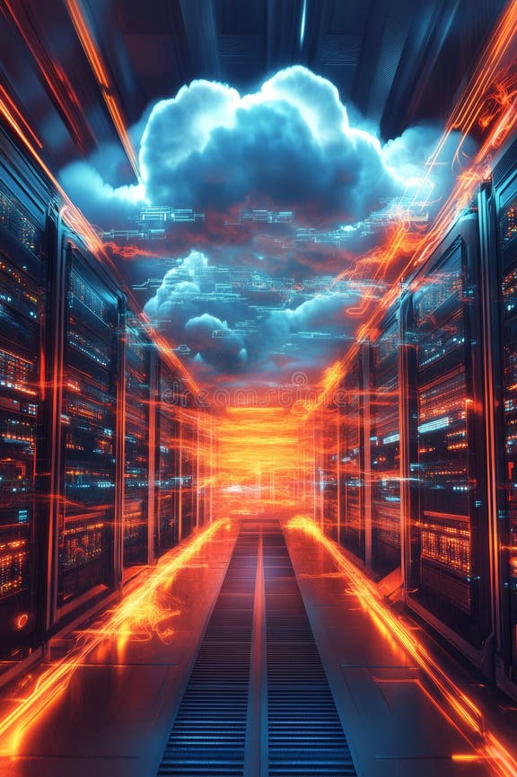 Futuristic Cloud Computing in High-Tech Server Room with Glowing Data ...