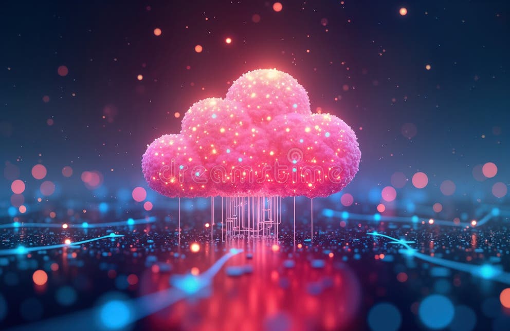 Futuristic Cloud Computing Illustration. Pink Glowing Cloud Represents ...