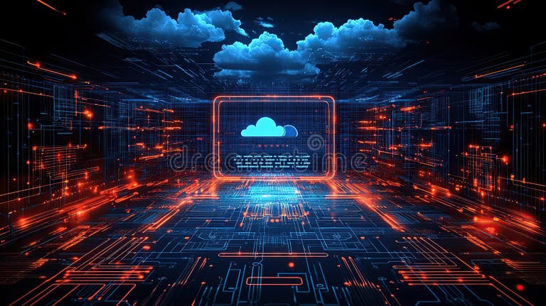 Futuristic Cloud Computing Interface in a Digital Server Room Stock ...