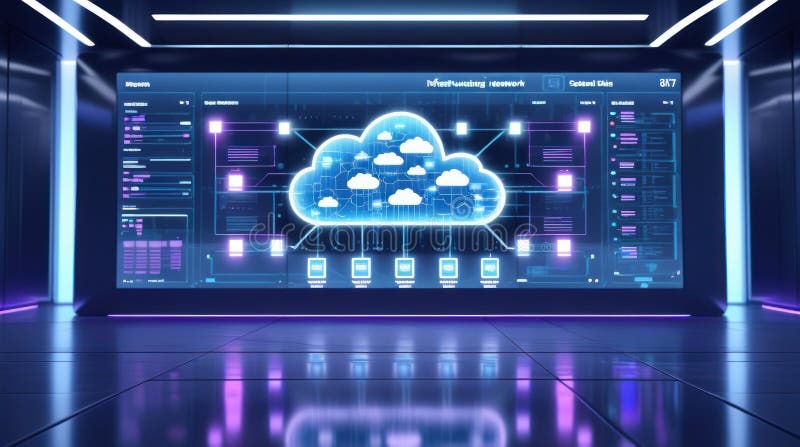 Futuristic Cloud Computing Interface Displaying Advanced Network Technology and Data Analytics ...