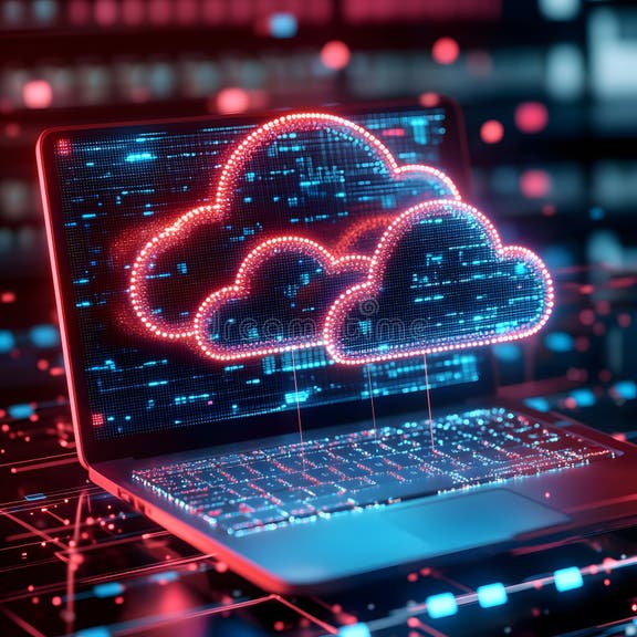 Futuristic Cloud Computing Interface on Laptop. Illustration of Digital Data Storage and Network ...
