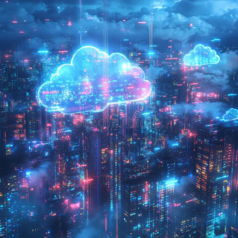 Futuristic Cloud Computing in a Neon Cityscape Shows Digital ...