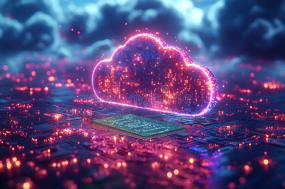 Futuristic Cloud Computing Neon Cloud Data Center Server Illustration Stock Illustration ...