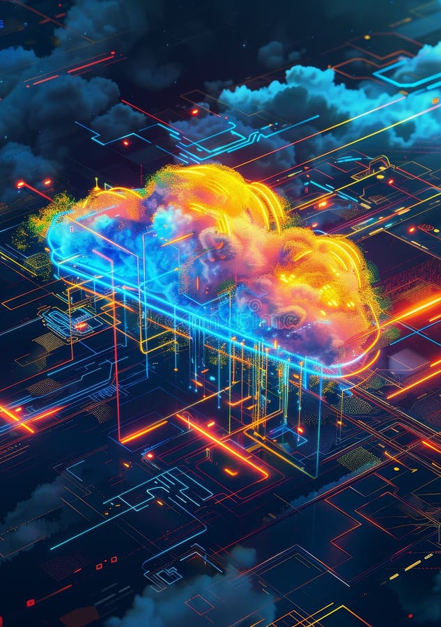 Futuristic Cloud Computing with Neon Lights Digital Data Storage and ...