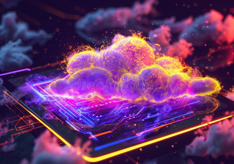 Futuristic Cloud Computing with Neon Lights Digital Technology Concept with Vibrant Colors and ...