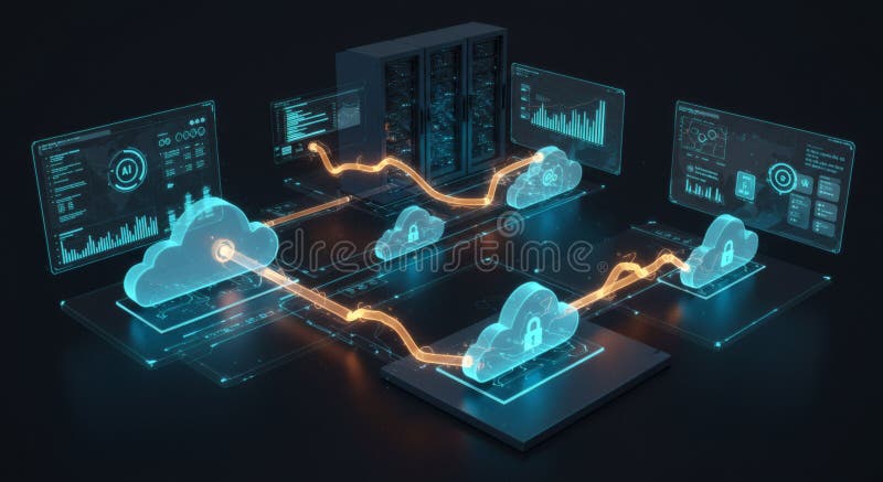 Futuristic Cloud Computing Network with Data Flow and Servers Stock Illustration - Illustration ...