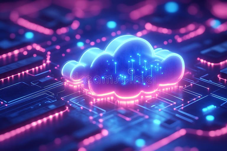 Futuristic Cloud Computing Network Neon Glow 3D Render of Data Center Stock Illustration ...