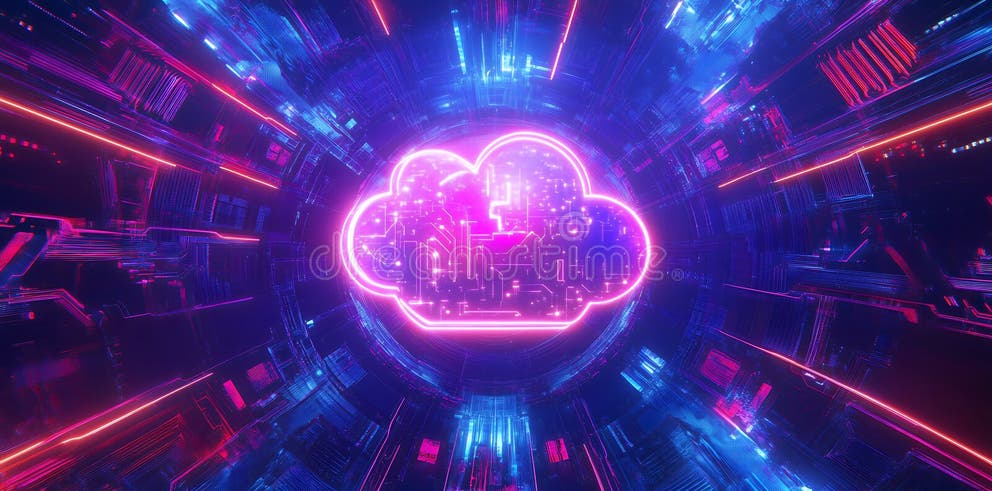 Futuristic Cloud Computing Network Neon Cloud Symbol in Abstract Digital Circuitry Tunnel Stock ...