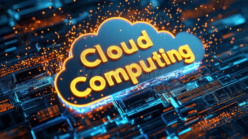 Futuristic Cloud Computing with Orange Circuits and Digital Cloud Stock Illustration ...