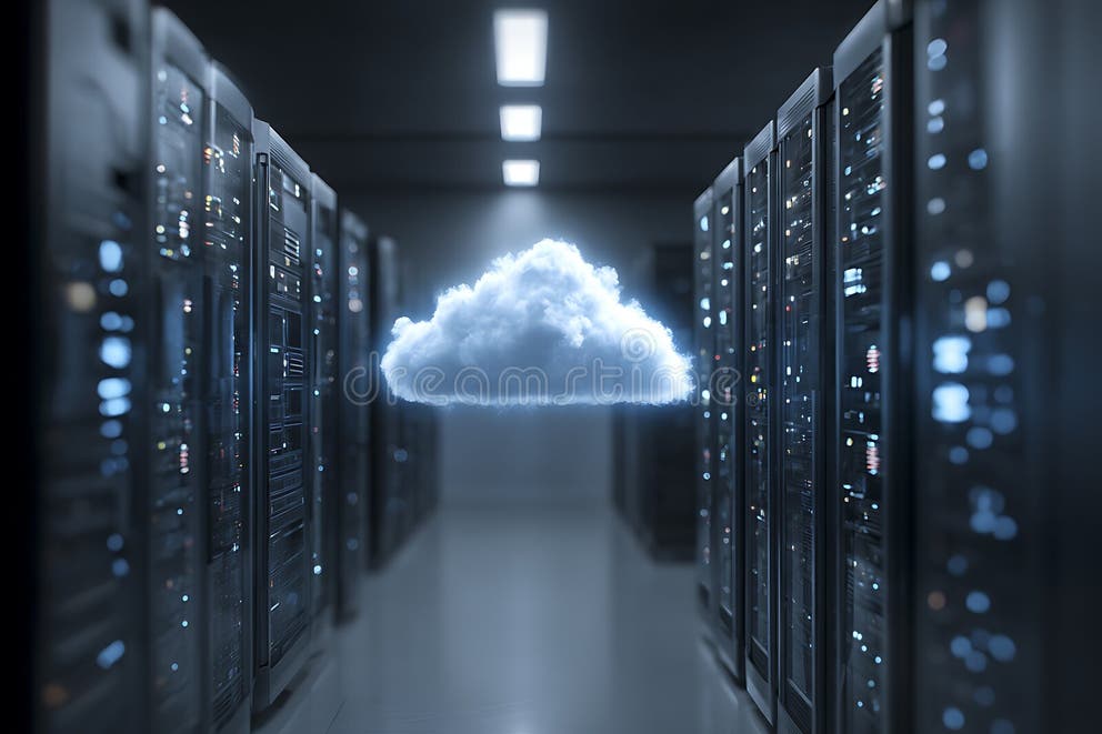 Futuristic Cloud Computing Server Room with Glowing Blue Cloud Stock Photo - Image of mobile ...