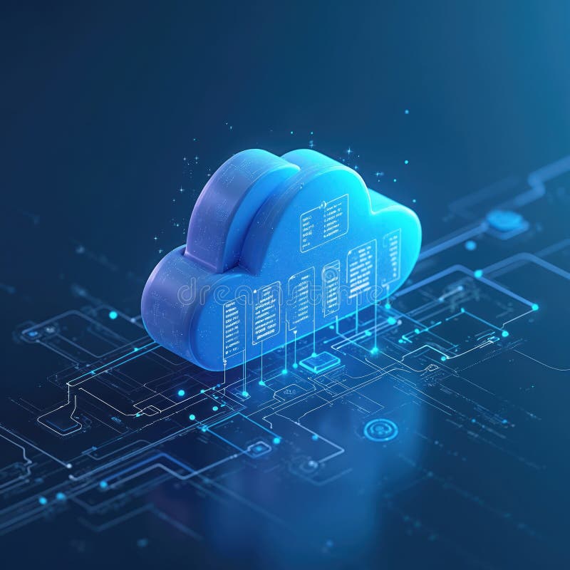 Futuristic Cloud Computing Tech Concept. 3D Illustration Shows Glowing ...