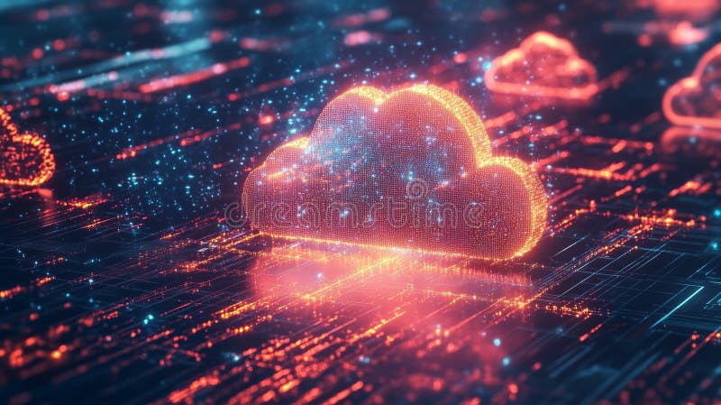 Futuristic Cloud Computing Technology Concept with Glowing Digital Elements Stock Illustration ...