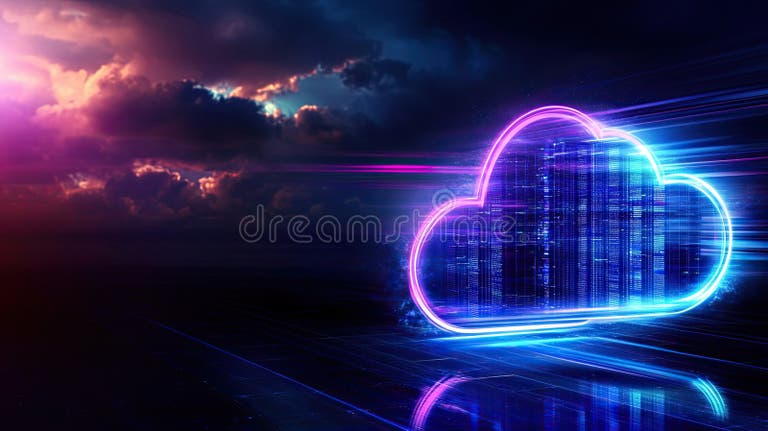 Futuristic Cloud Computing with Vibrant Neon Lights Stock Illustration ...