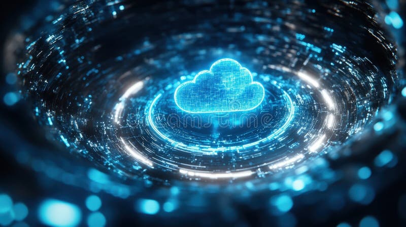 Futuristic Cloud Concept with Blue Light Digital Effects in a Dark ...