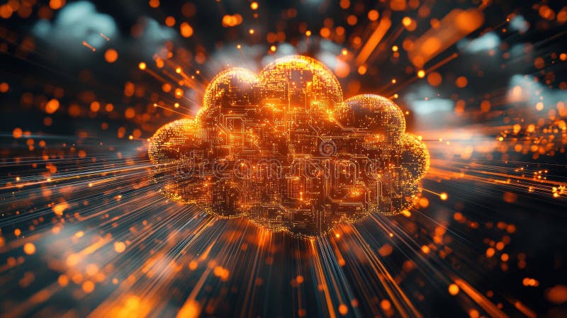 Futuristic Cloud with Glowing Circuits and Particles in Motion Stock ...