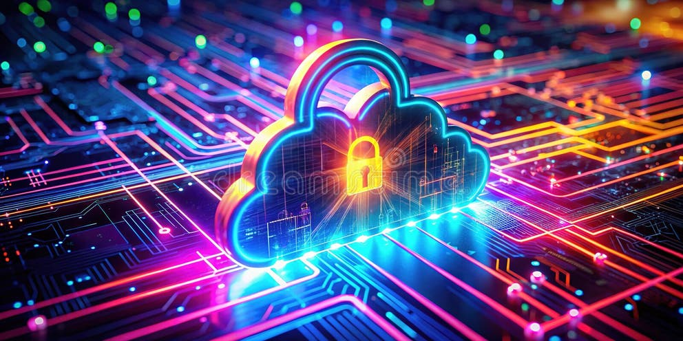 Futuristic Cloud Security a Secure Data Cloud Visualization with Neon Lock Circuit Board Data ...