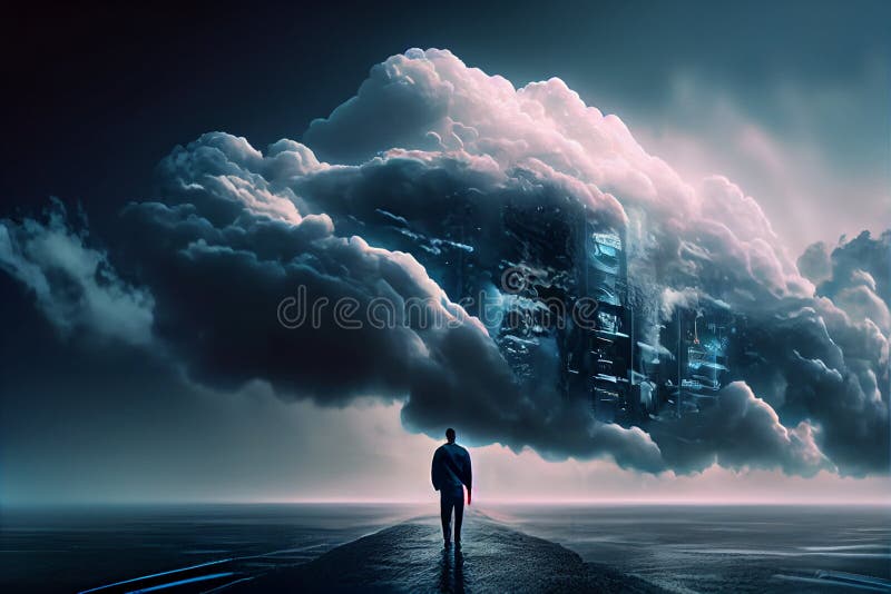 Futuristic Cloud Service Big Data Server in Cloud and Man Walking ...