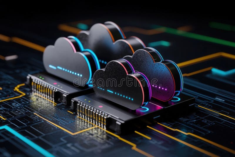 Futuristic Cloud Storage Technology Represented by Colorful Cloud Icons ...