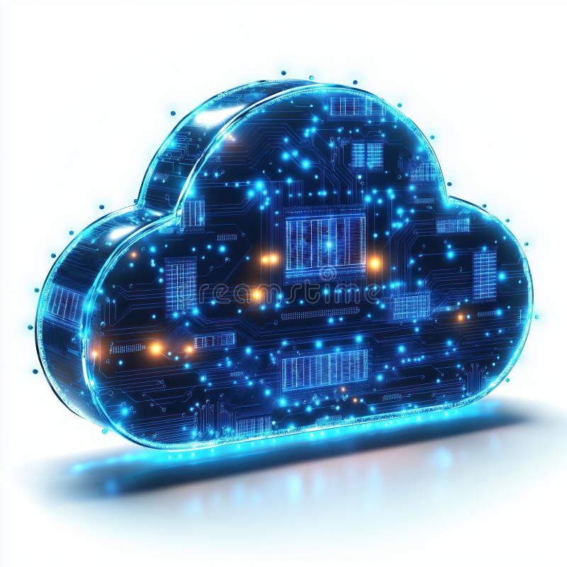 Futuristic Cloud Symbol Represents Data Storage. Glowing Circuits, Tech ...
