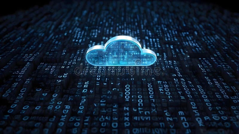 A Luminous, Translucent Cloud Icon Hovers Over a Dense, Glowing Matrix of Binary Code and ...
