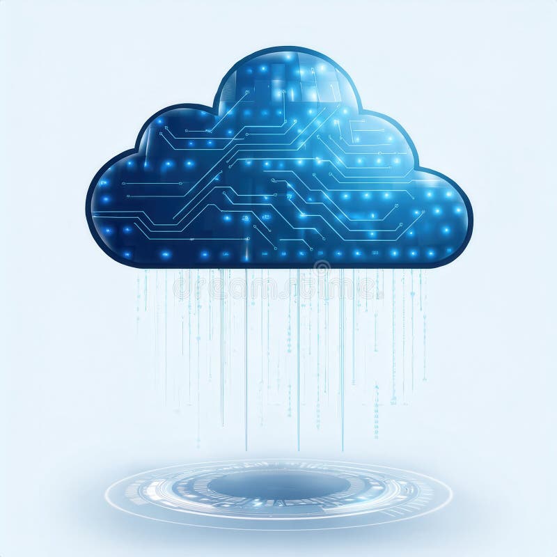 Futuristic Cloud Technology with Rain and Glowing Circuits in Light ...