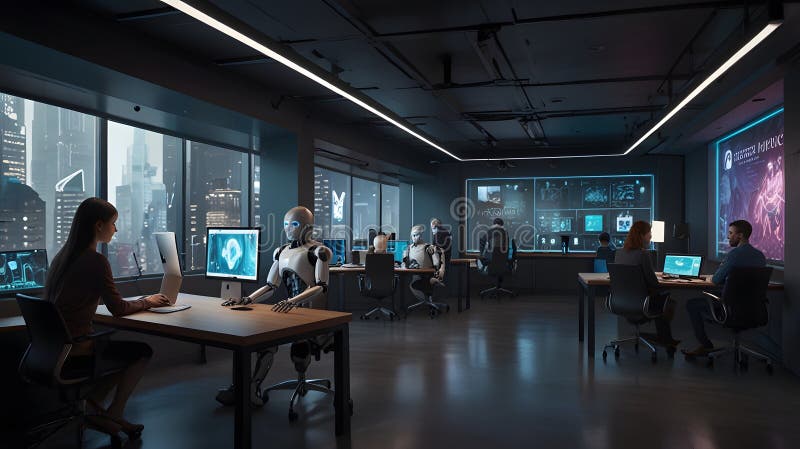 Futuristic Co-working Office Where Humans and Humanoid Robots ...