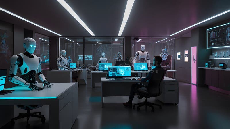 Futuristic Co-working Office Where Humans and Humanoid Robots ...