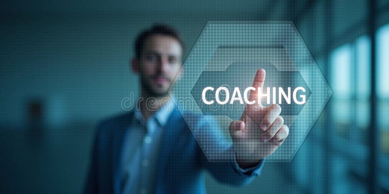 Futuristic Coaching: Businessman Pressing Touchscreen Stock ...