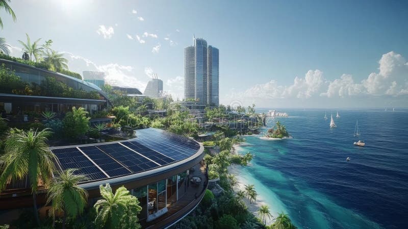Futuristic Coastal City with Green Architecture and Solar Panels Stock ...